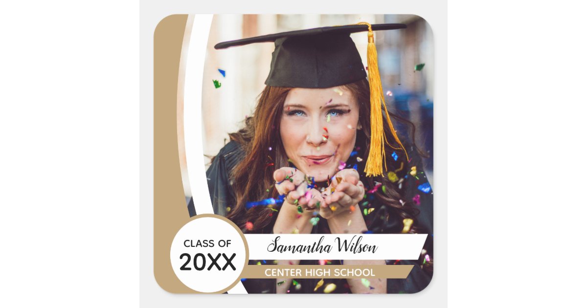 Gold Curved Frame Photo Graduation Square Sticker | Zazzle