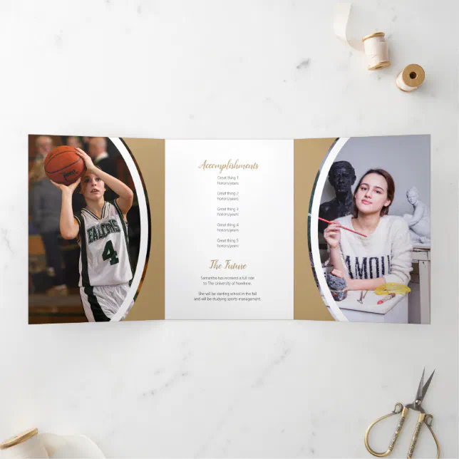 Gold Curved Frame Three Photo Graduation Tri-Fold Invitation | Zazzle