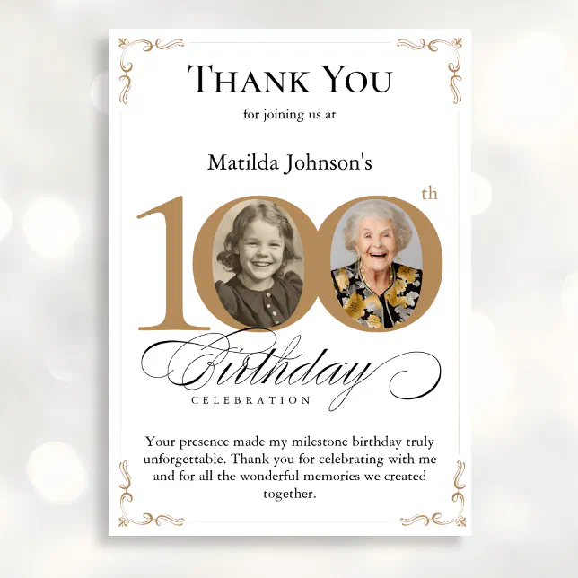 Gold Custom Photo 100th Birthday Thank You Card | Zazzle