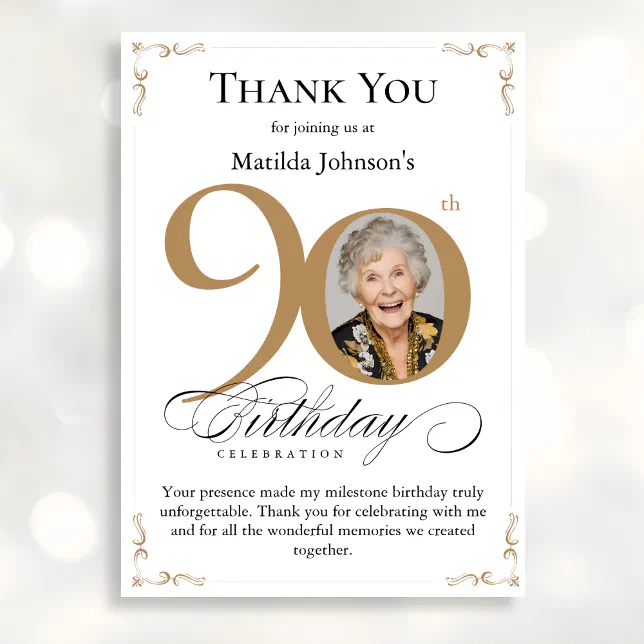 Gold Custom Photo 90th Birthday Thank You Card | Zazzle
