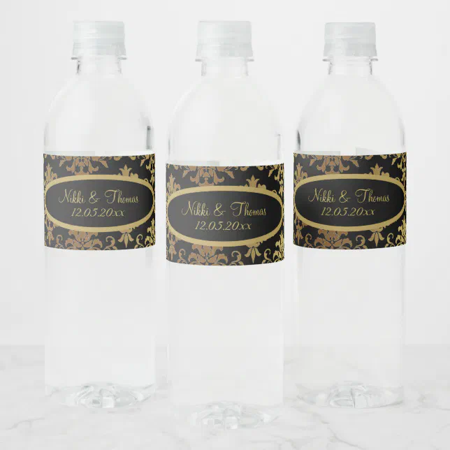 Gold Damask Black Script Wedding Elegant Water Bottle Label | Zazzle