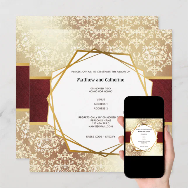 Gold damask Burgundy geometric frame formal party Invitation | Zazzle