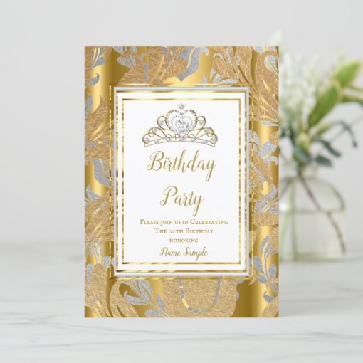 Gold Damask Gray Tiara Birthday Party Invitation | Zazzle