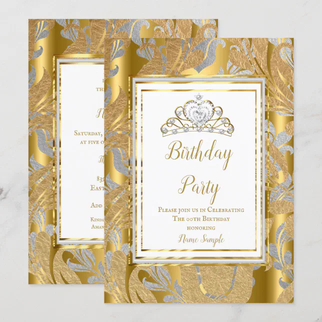 Gold Damask Gray Tiara Birthday Party Invitation | Zazzle