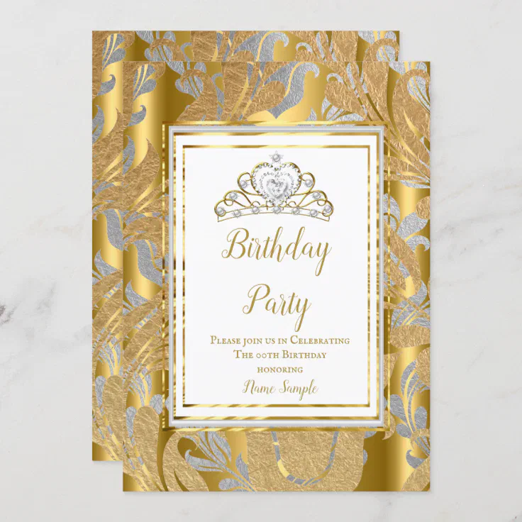 Gold Damask Gray Tiara Birthday Party Invitation | Zazzle