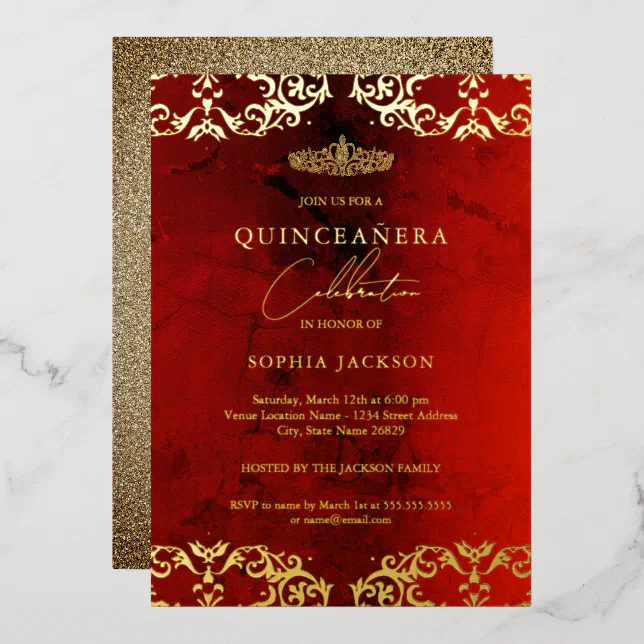 Gold Damask Ruby Red Quinceanera 15th Foil Invitation | Zazzle