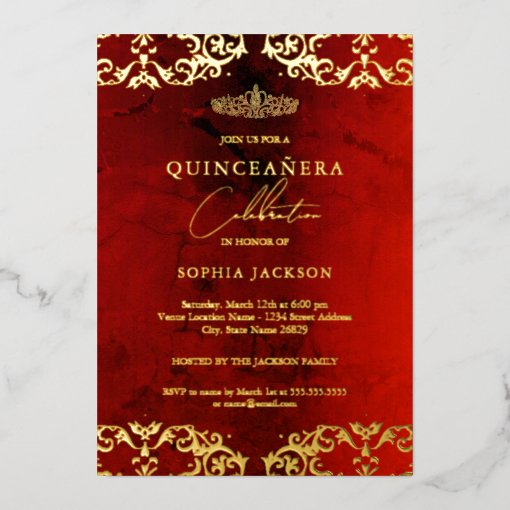 Gold Damask Ruby Red Quinceanera 15th Foil Invitation | Zazzle