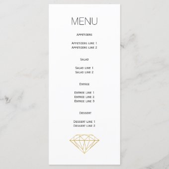 Gold diamond jewel trendy wedding menu card | Zazzle