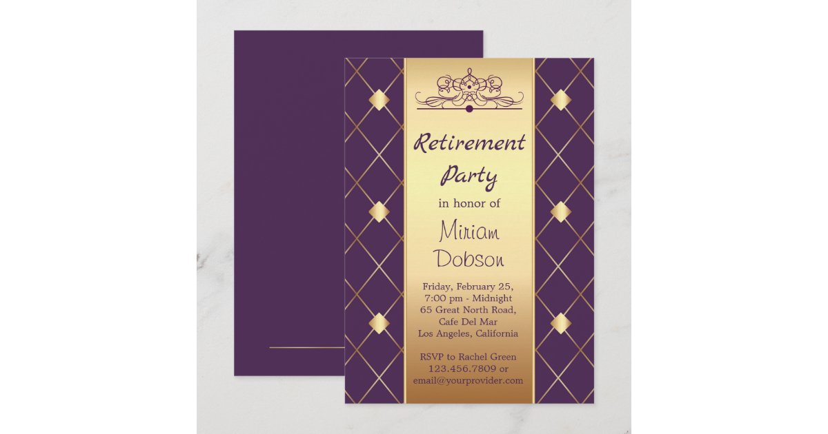 Gold diamond pattern on purple Retirement Party Invitation | Zazzle