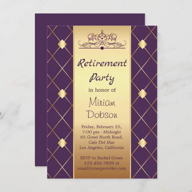 Gold diamond pattern on purple Retirement Party Invitation | Zazzle