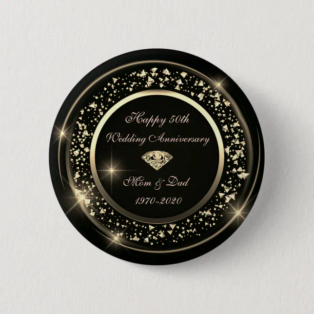 Gold Diamond Shiny Black 50th Wedding Anniversary Button | Zazzle