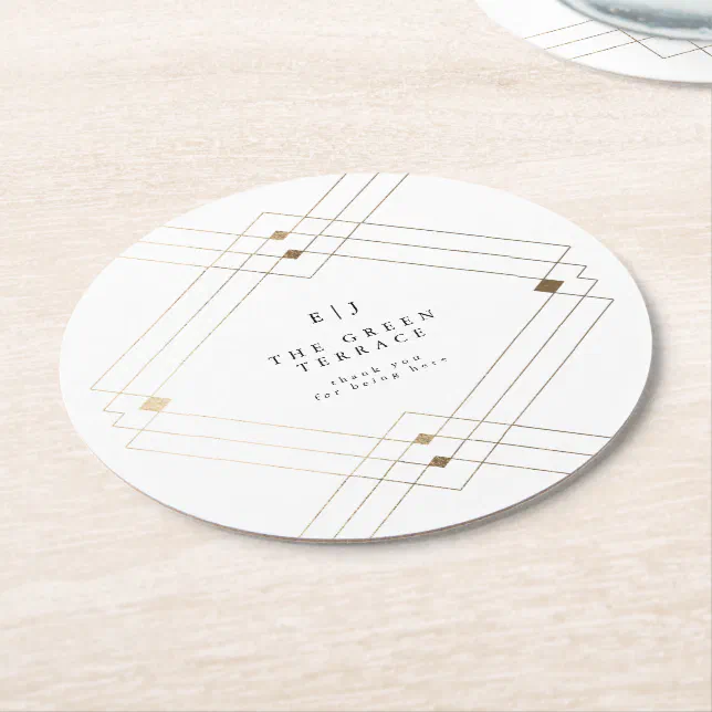 Gold Diamond White Geometric Deco Gatsby Wedding Round Paper Coaster ...