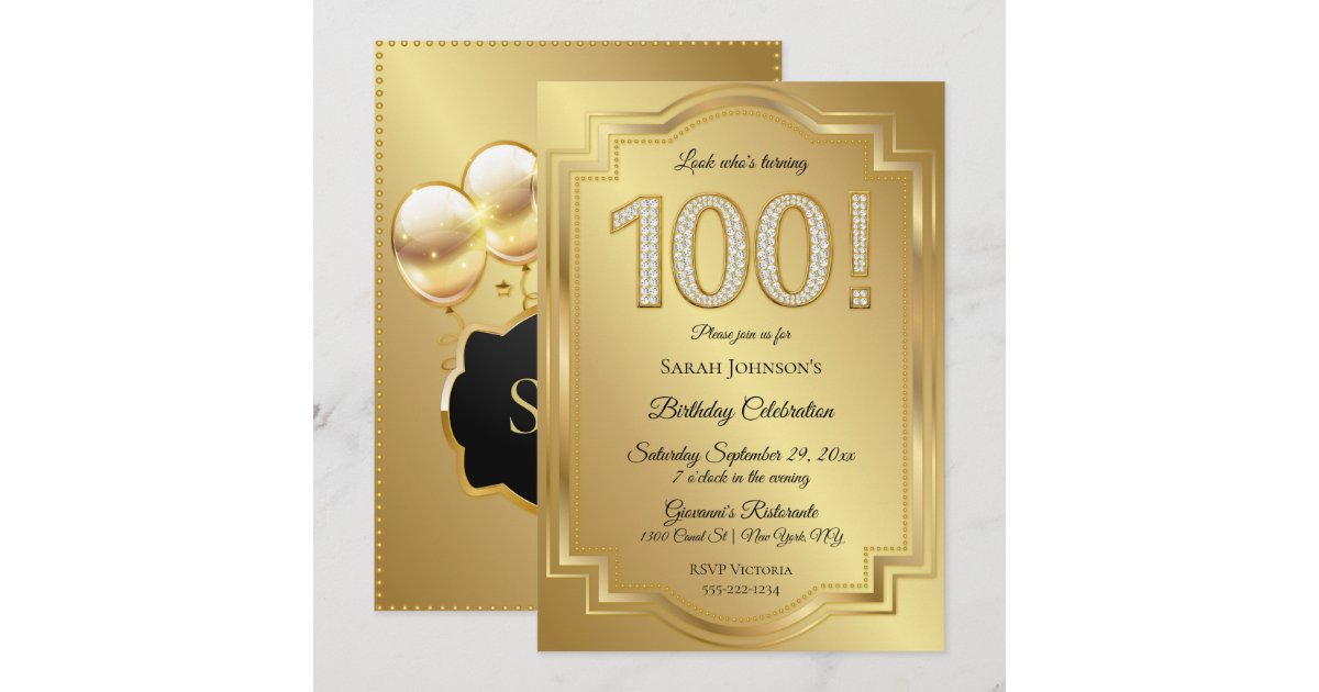 Gold & Diamonds 100th Birthday Anniversary Invitation | Zazzle