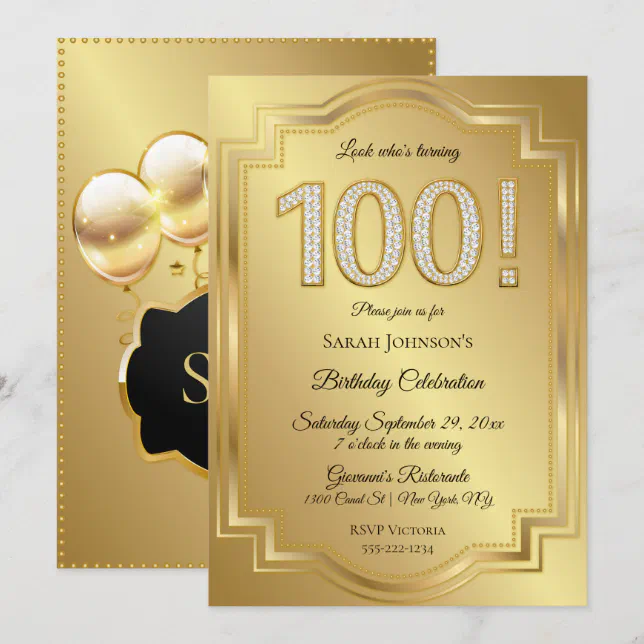 Gold & Diamonds 100th Birthday Anniversary Invitation | Zazzle