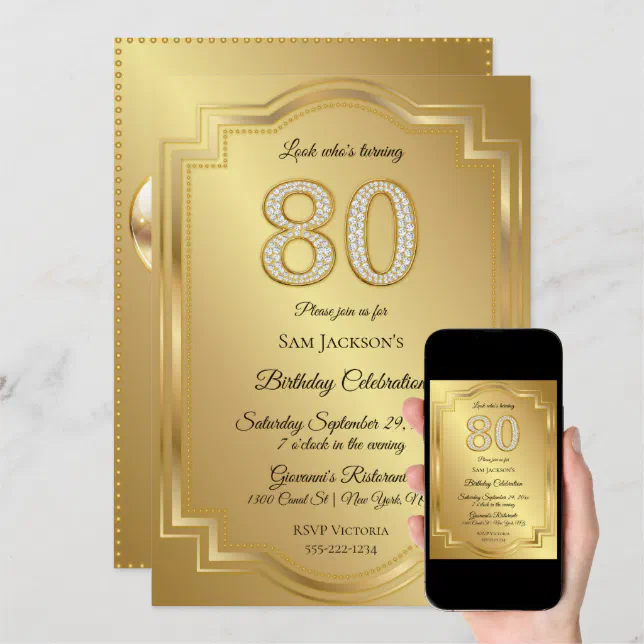 Gold & Diamonds 80th Birthday Anniversary Invitation | Zazzle