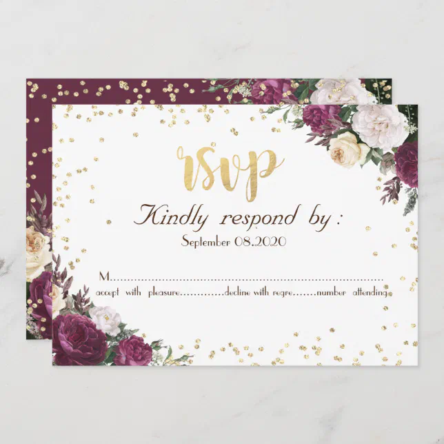 Gold Diamonds Burgundy Floral RSVP Invitation | Zazzle
