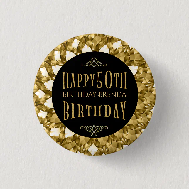 Gold Diamonds Happy 50th Birthday Text Pinback Button | Zazzle