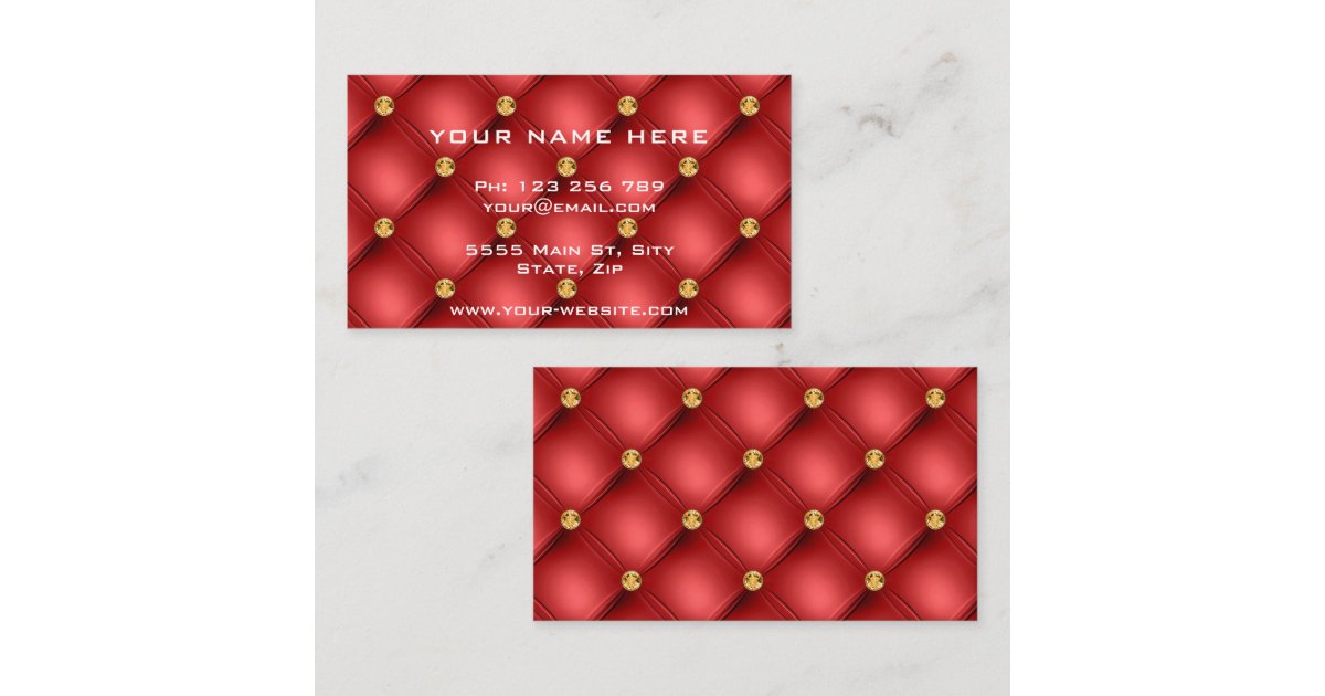 Gold Diamonds Tufted Leather Red Business Card | Zazzle