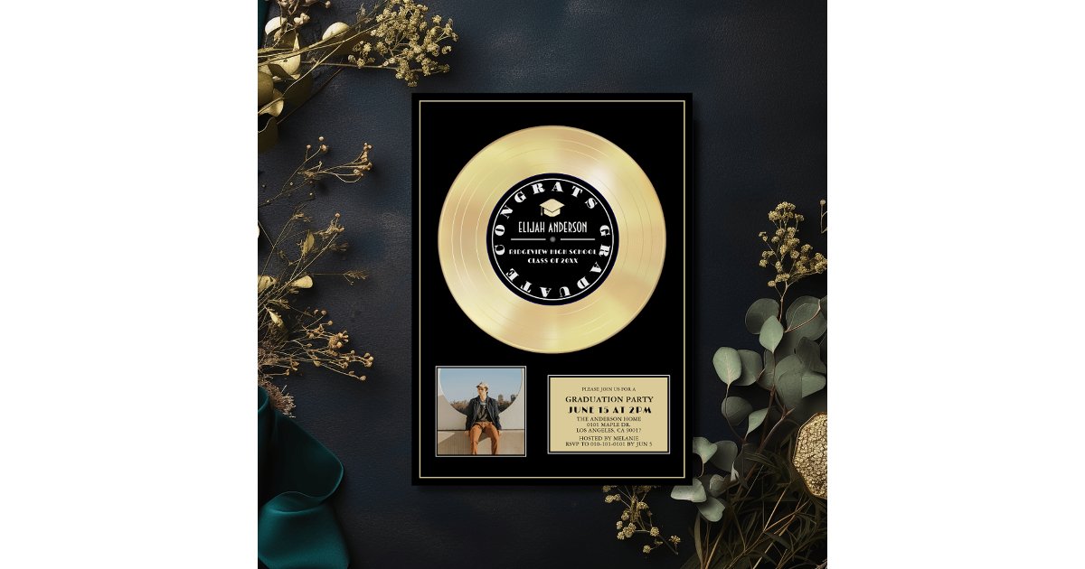 Gold Disc Vinyl Black Plaque Photo Graduation Invitation | Zazzle