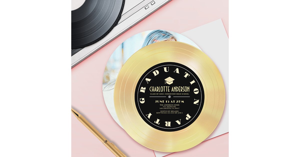 Gold Disc/Vinyl Record Graduation Photo Invitation | Zazzle