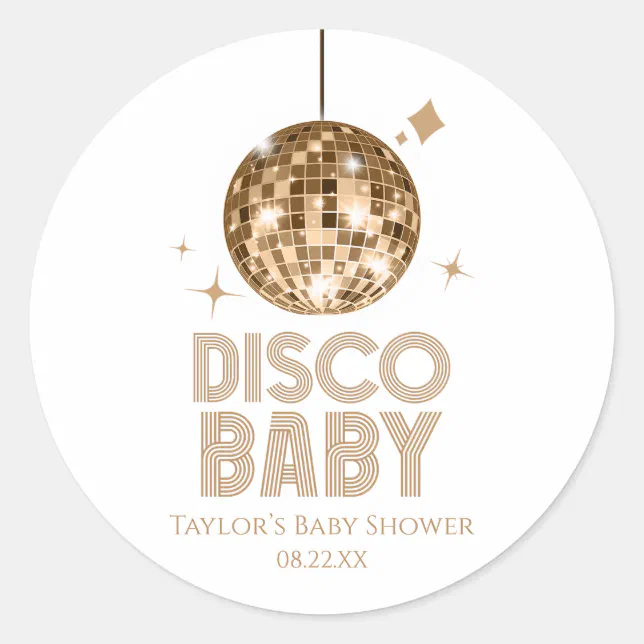 Gold Disco Ball 'Disco Baby' Baby Shower Classic Round Sticker | Zazzle