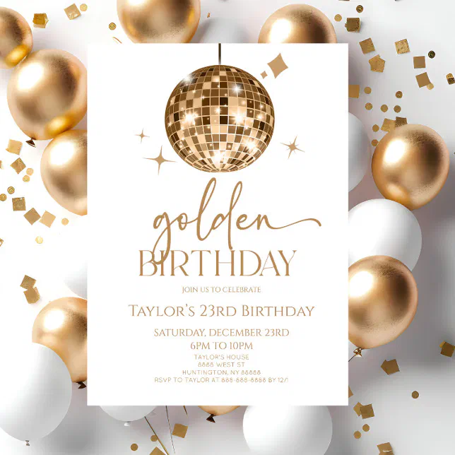 Gold Disco Ball Golden Birthday Party Invitation | Zazzle