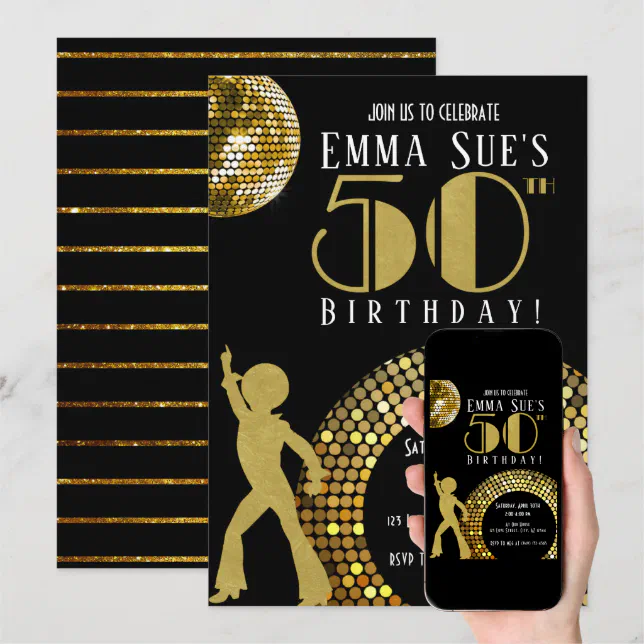 Gold Disco Ball Studio 54 Party 50th Birthday Invitation | Zazzle
