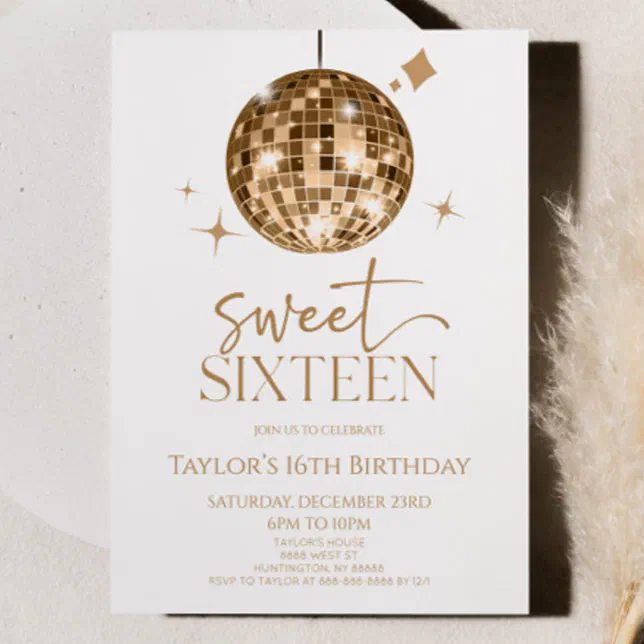 Gold Disco Ball Sweet Sixteen 16th Birthday Party Invitation | Zazzle