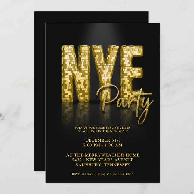 Gold Disco Glitter New Years Eve Party Invitation | Zazzle