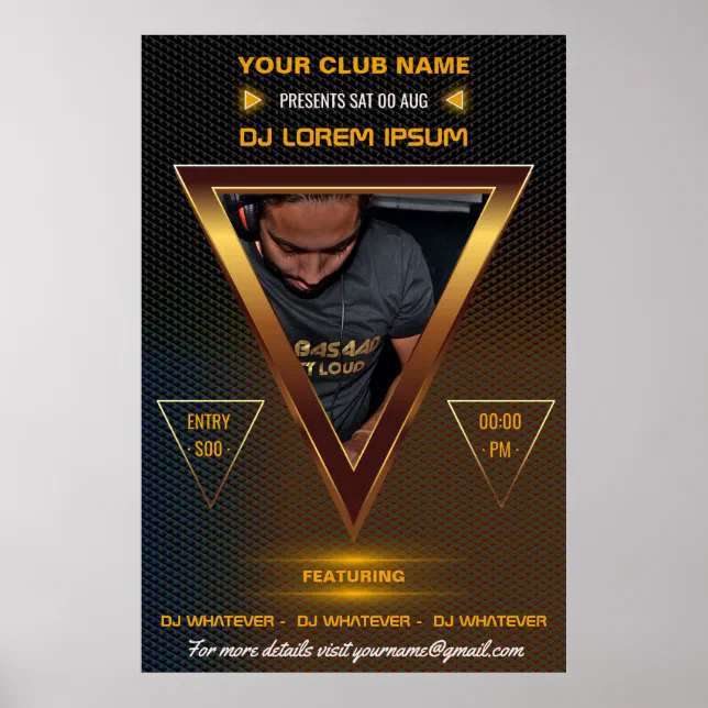 Gold DJ Music and Dance Gig add photo and logo Poster | Zazzle