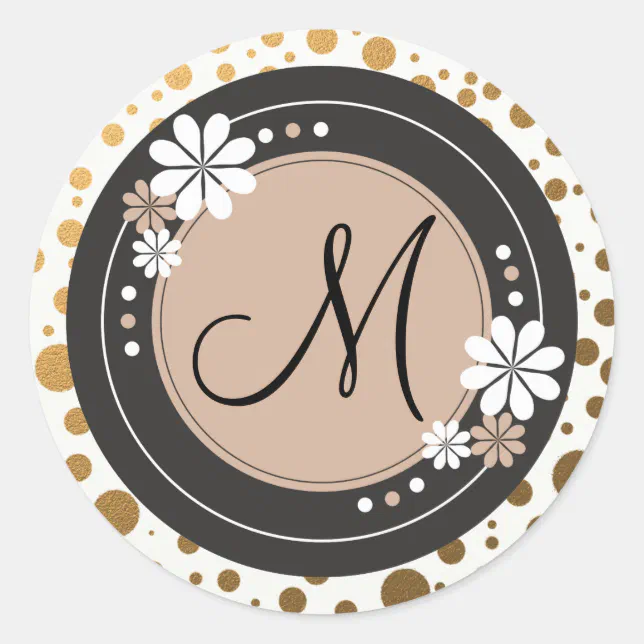 Gold Dots Monogram Stickers:Floral Frame Classic Round Sticker | Zazzle