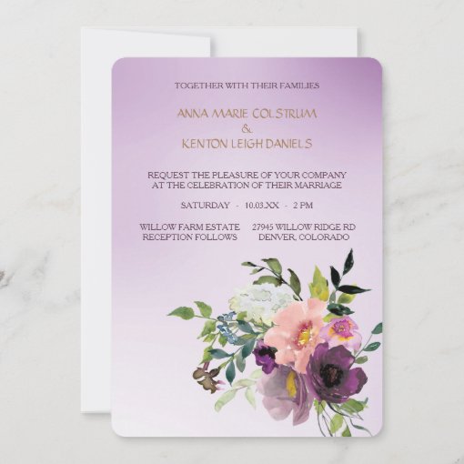 Gold Double Frame Purple Violet Floral Wedding Invitation | Zazzle