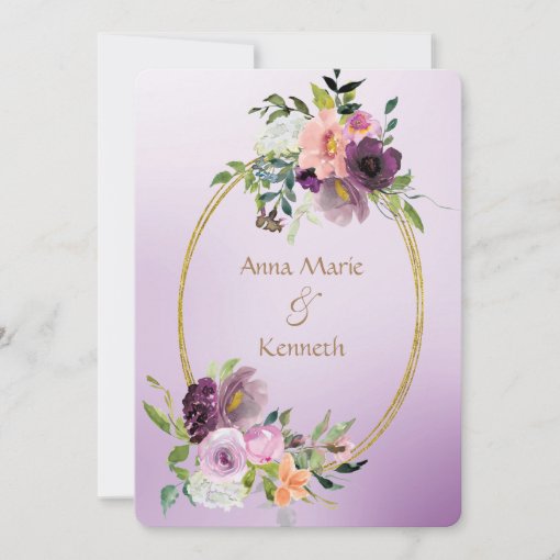 Gold Double Frame Purple Violet Floral Wedding Invitation | Zazzle