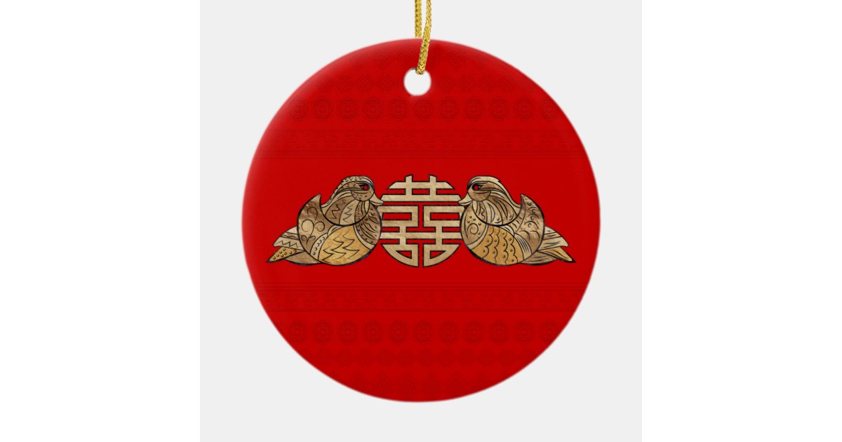 Gold Double Happiness Symbol with Mandarin Ducks Ceramic Ornament | Zazzle