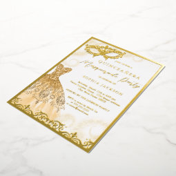 Gold Dress Masquerade Party Quinceanera Foil Invitation | Zazzle