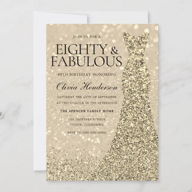 Gold Dress Womans 80th Birthday Party Sparkle Invitation | Zazzle