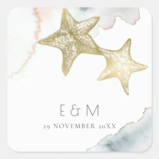 GOLD DUSKY BLUE BEACHY STARFISH MONOGRAM WEDDING SQUARE STICKER | Zazzle