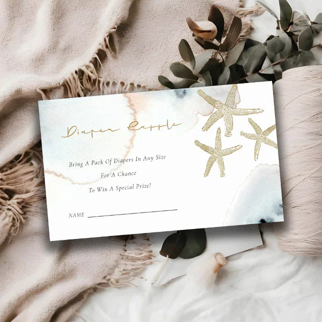 Gold Dusky Blue Starfish Diaper Raffle Baby Shower Enclosure Card | Zazzle