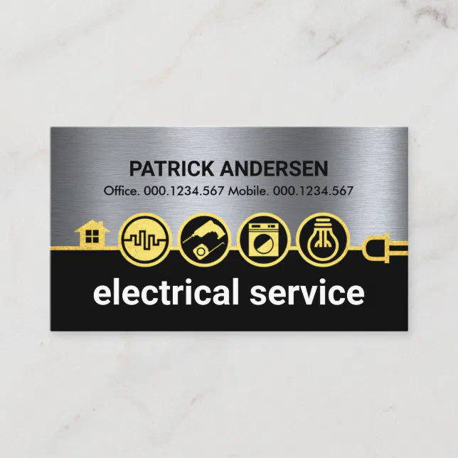 Gold Electrical Icons Power Line On Silver Business Card | Zazzle