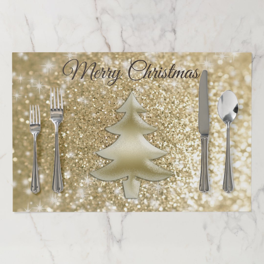 Gold elegant Christmas tree sparkle glittery Paper Placemat | Zazzle