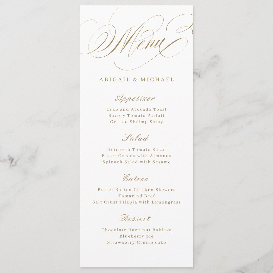 Gold elegant classic calligraphy vintage wedding menu | Zazzle