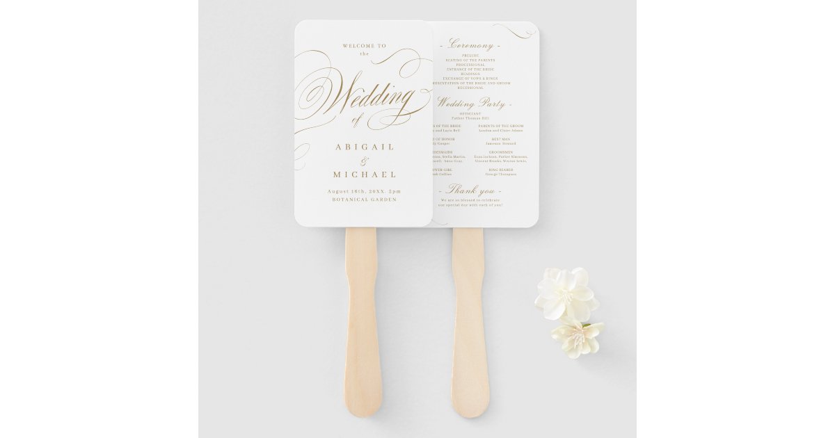 Gold elegant classic calligraphy wedding programs hand fan | Zazzle