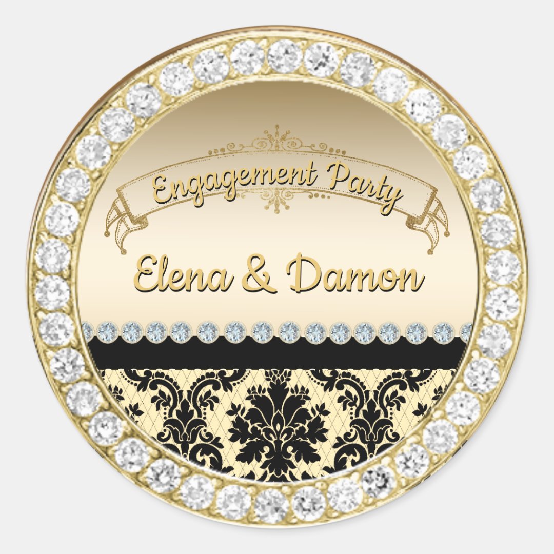 Gold Elegant Damask & Diamonds Engagement Party Classic Round Sticker ...