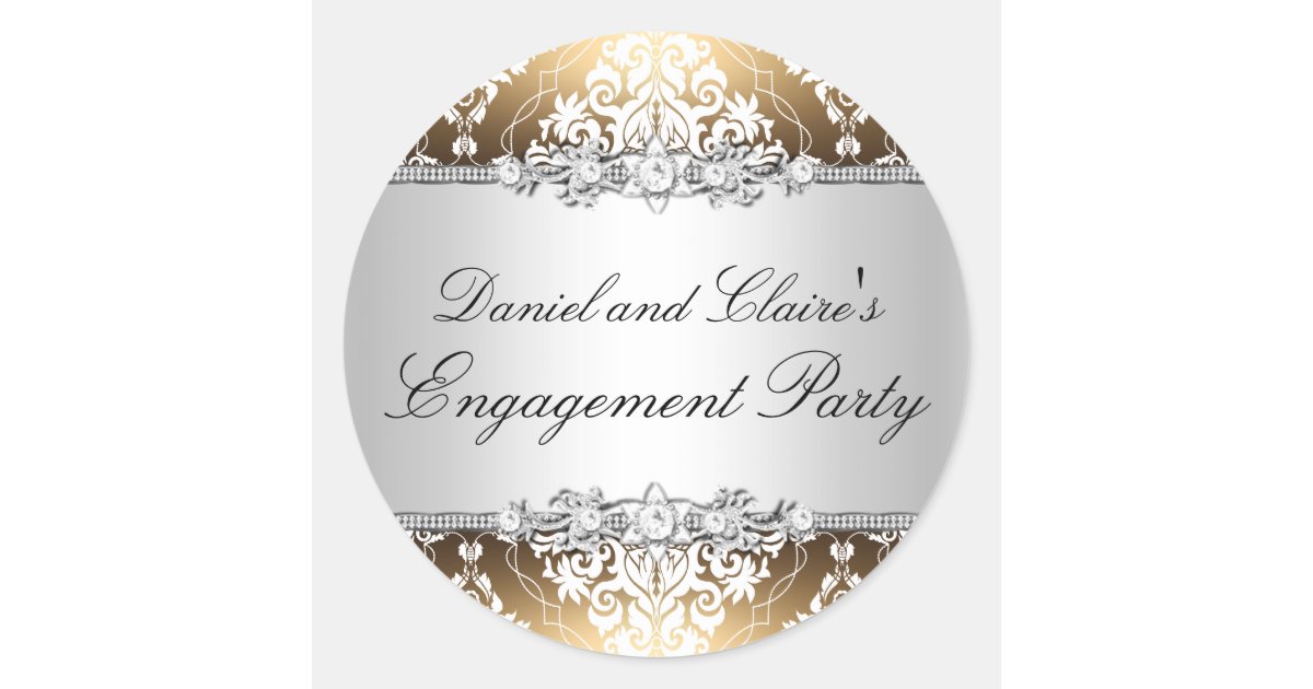 Gold Elegant Damask Engagement Party Sticker | Zazzle