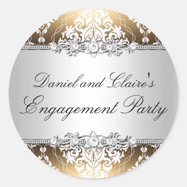 Gold Elegant Damask Engagement Party Sticker | Zazzle