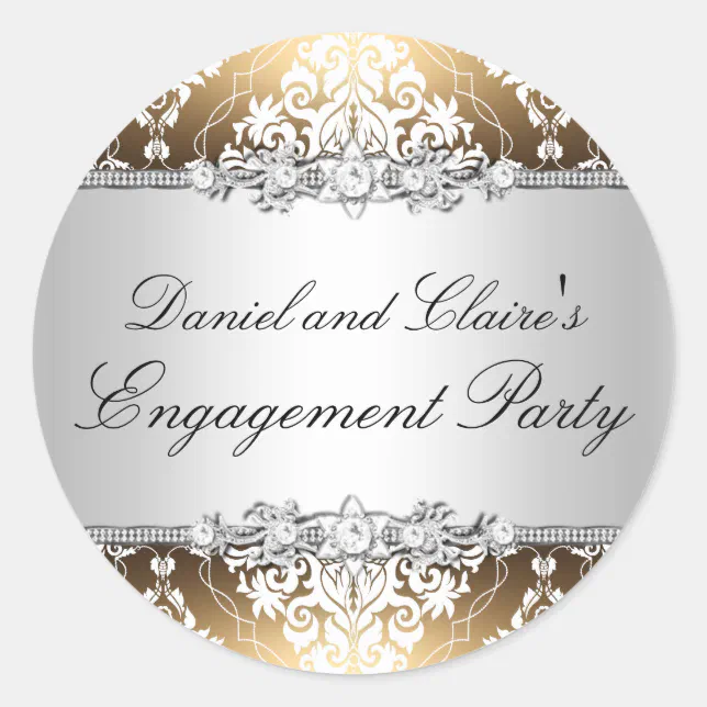Gold Elegant Damask Engagement Party Sticker | Zazzle