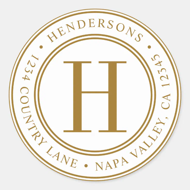 Gold Elegant Monogram Return Address Classic Round Sticker | Zazzle
