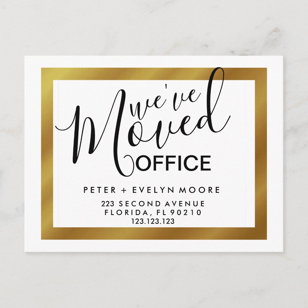 Gold elegant moved office business announcement postcard | Zazzle