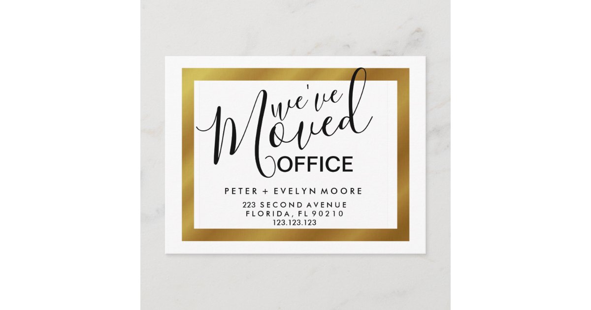 Gold elegant moved office business announcement postcard | Zazzle