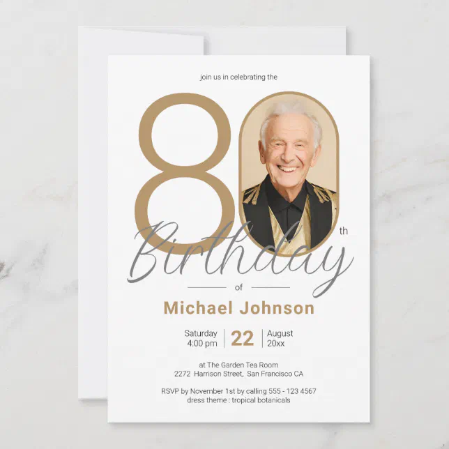 Gold Elegant Photo 80th Birthday Party Invitation | Zazzle